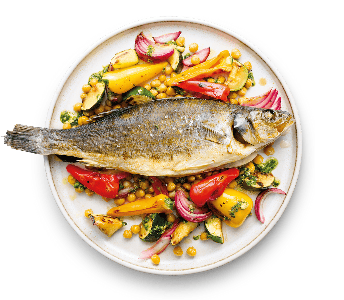 Fred s Whole Sea Bass Mediterranean Vegetable Traybake And Pesto fred-s-whole-sea-bass-mediterranean-vegetable-traybake-and-pesto